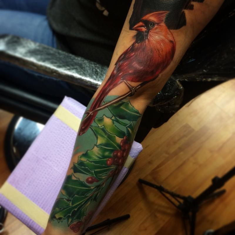 Realistic Color Cardinal With Holly Tattoo Brent Olson Art Junkies 