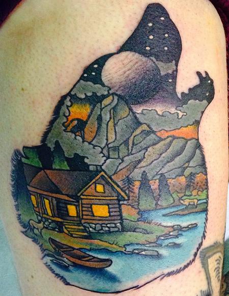 Tattoos - Traditional color cabin with lake and mountains in wolfs head ...