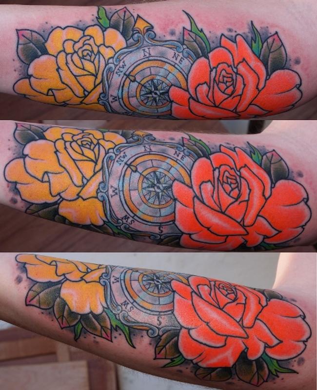 Compass and Roses Tattoo by David Chaston: TattooNOW