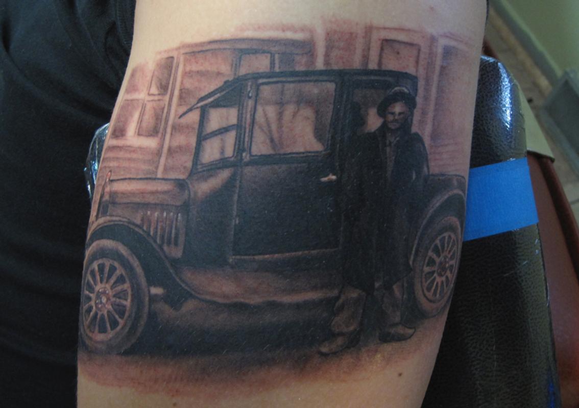 1925 model T car black and grey arm tattoo by Jon von Glahn: TattooNOW