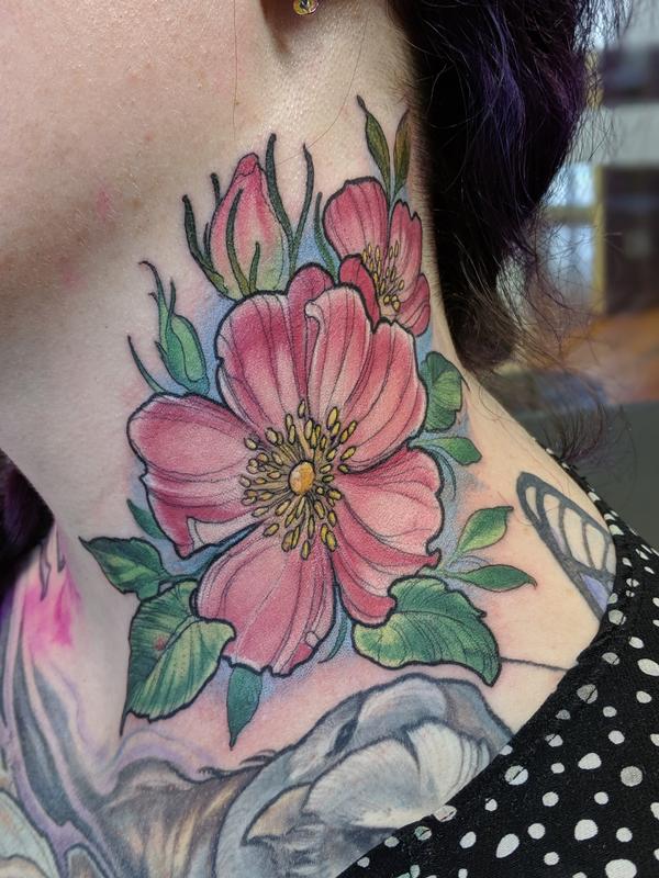 Color neck flower tattoo by Kaija Heitland: TattooNOW