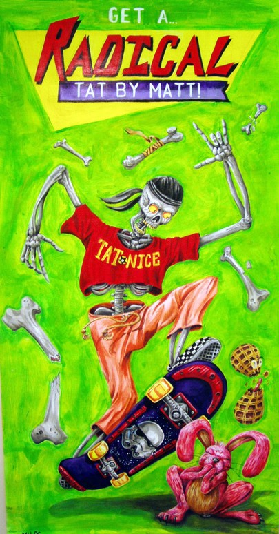 Skate boarding skeleton banner by Mathew Hays: TattooNOW