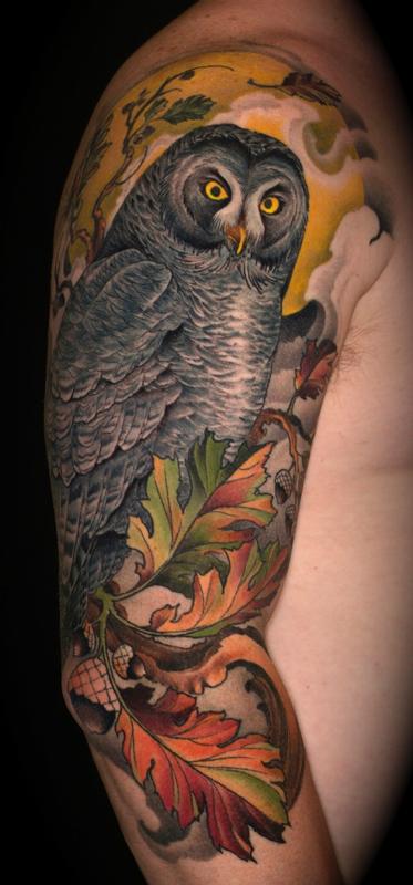 great grey owl and oak by Ben Merrell: TattooNOW