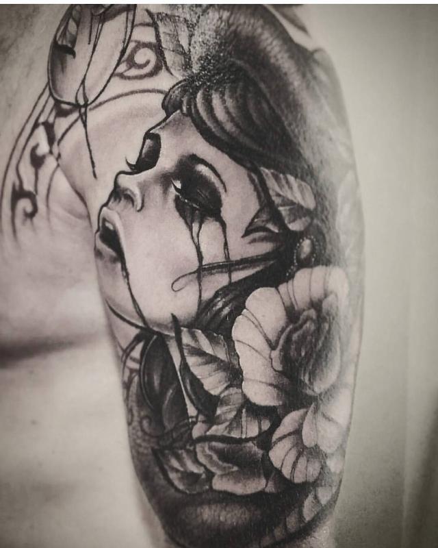 Black and Grey woman, Eve, Crying, Apple, Roses, Sleeve, Snake, Art ...