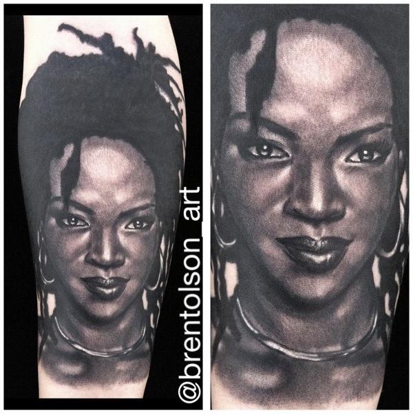 black and gray realitic portrait of Lauryn Hill tattoo. Brent Olson Art ...