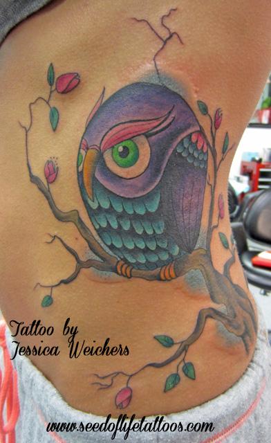 Cute Owl coverup on side by Jessica Weichers: TattooNOW