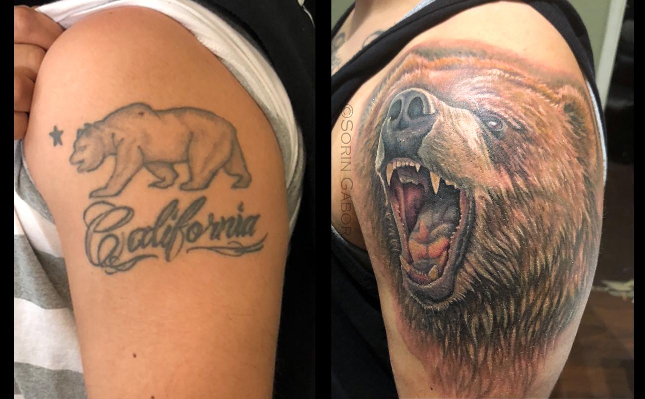 Realistic color California bear coverup tattoo by Sorin Gabor: TattooNOW