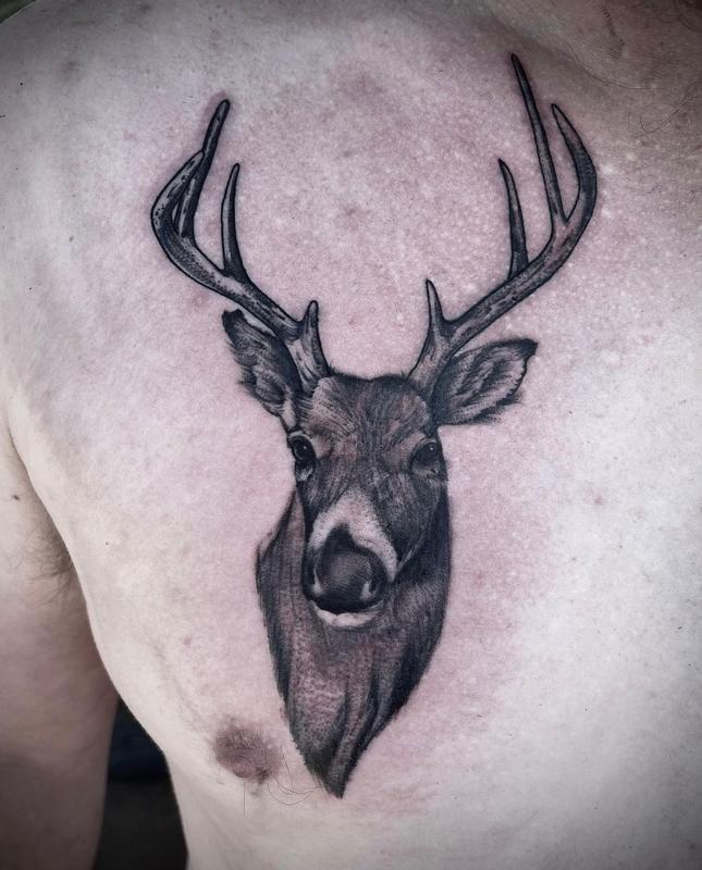 Deer on chest by Shanoah Chapman: TattooNOW